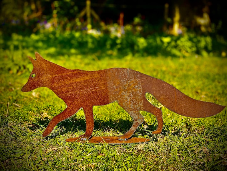 Exterior Rustic Metal Fox Garden Stake Yard Art Sculpture Flower Bed ...
