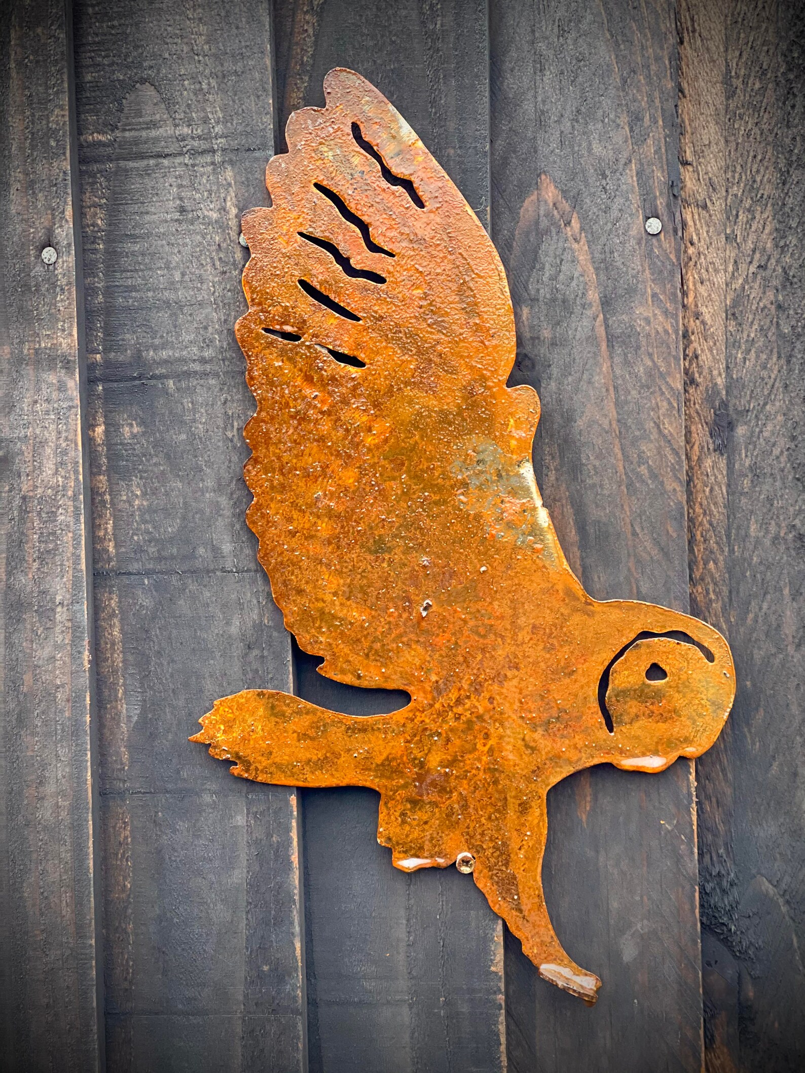 Exterior Rustic Rusty Metal Owl Landing Barn Owl Garden Art | Etsy