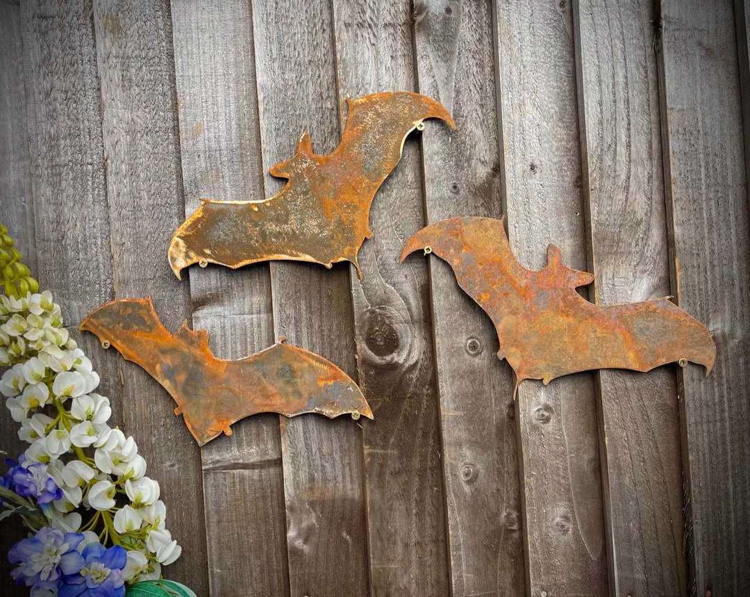 Exterior Rusty Rustic Metal Flying Bat Bats Garden Art Wall Art Fence ...