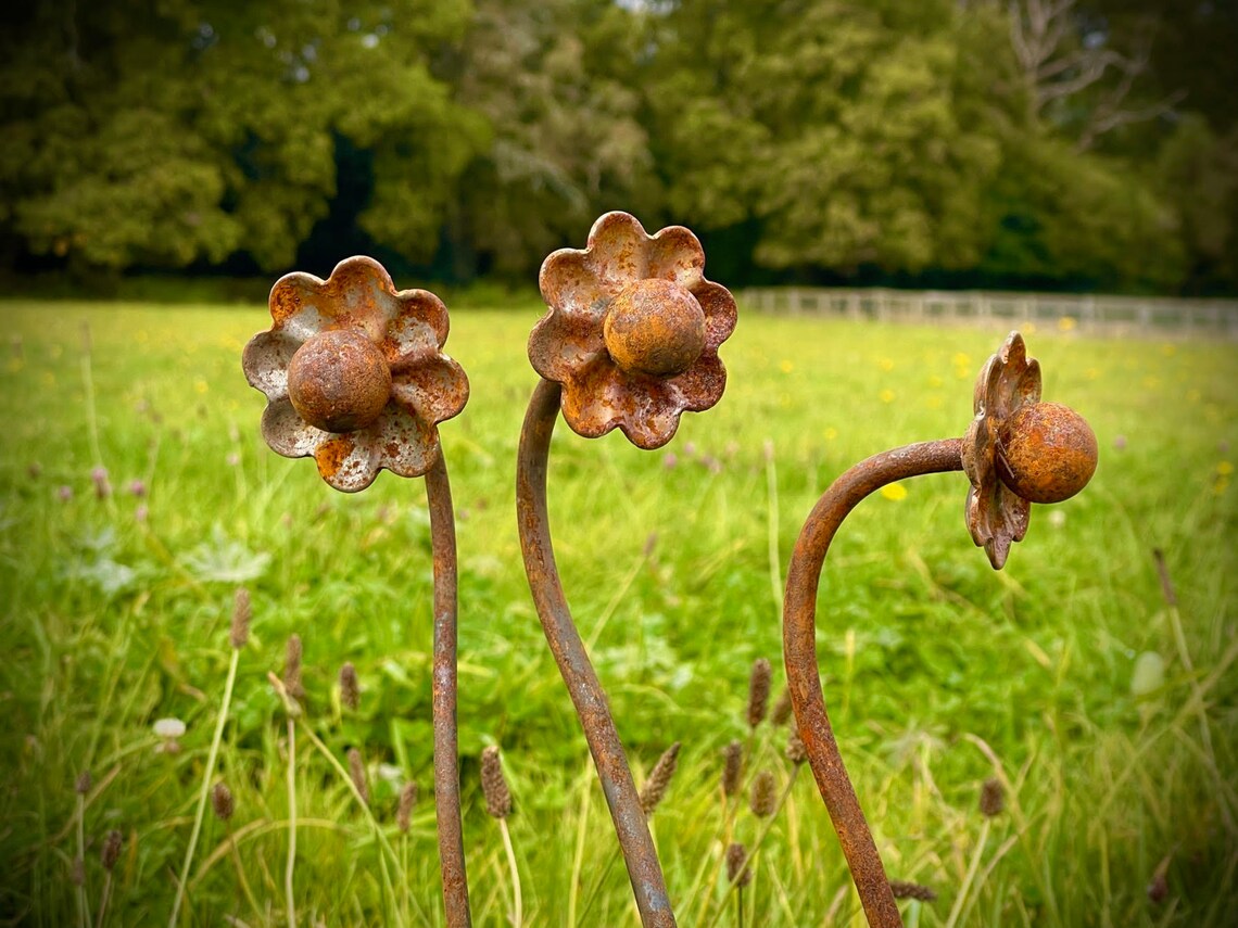 Exterior Rustic Rusty Metal Flowers Garden Art Garden Stake | Etsy
