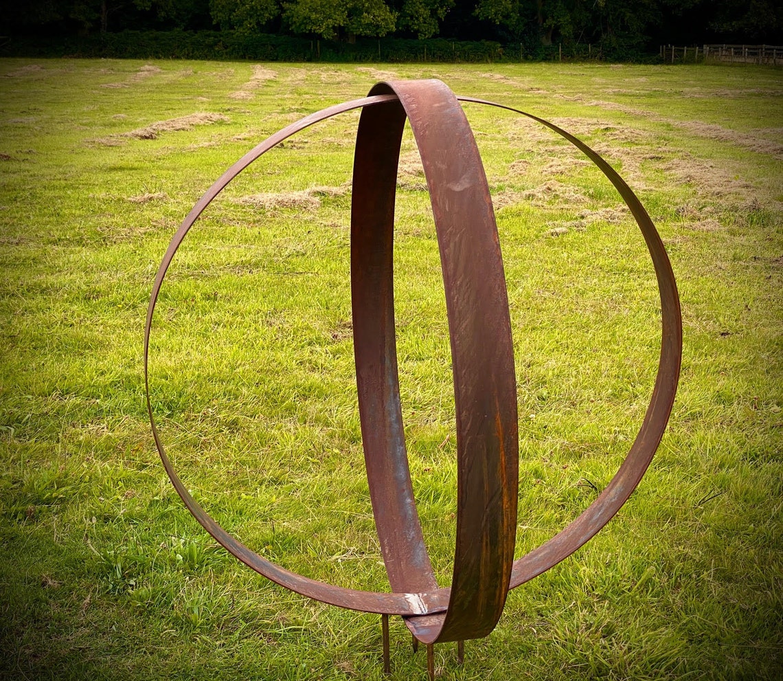 Large Rustic Metal Wide Garden Ring Hoop Sculpture 100cm - Pair of ...