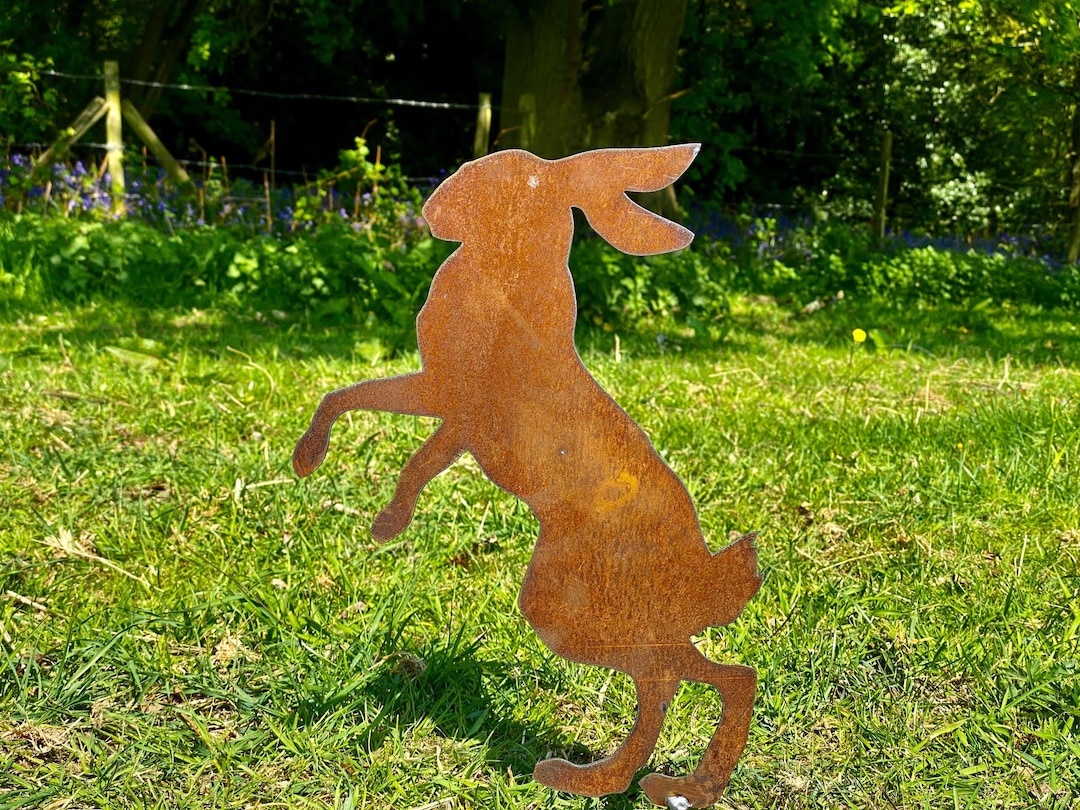 Large Exterior Rustic Metal Boxing Hare Rabbit Garden Stake Yard Art ...