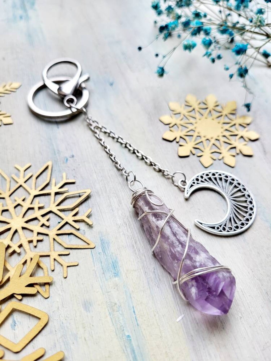 Amethyst Crystal and Moon Keychain, Purple Amethyst Quartz Crystal ...