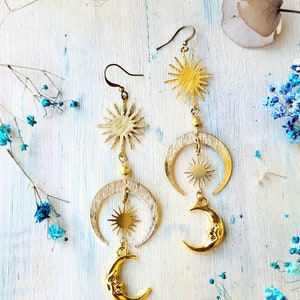 Celestial Sun Moon Dangle Earrings, Handmade Bohemian Brass Jewelry, Goddess Fairy Earrings ...