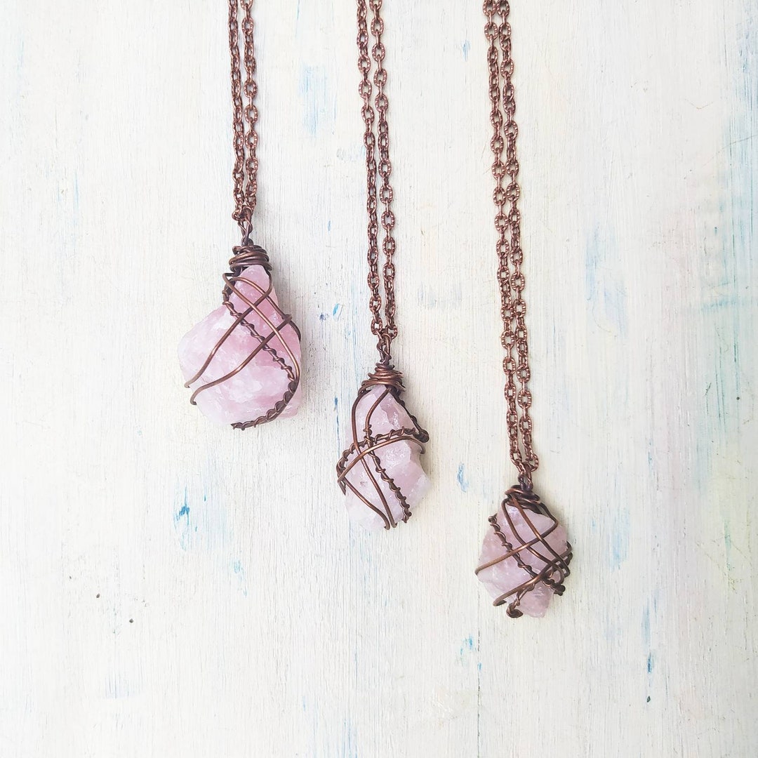 Raw Rose Quartz Necklace: Copper Wrapped Crystal Pendant - Etsy UK