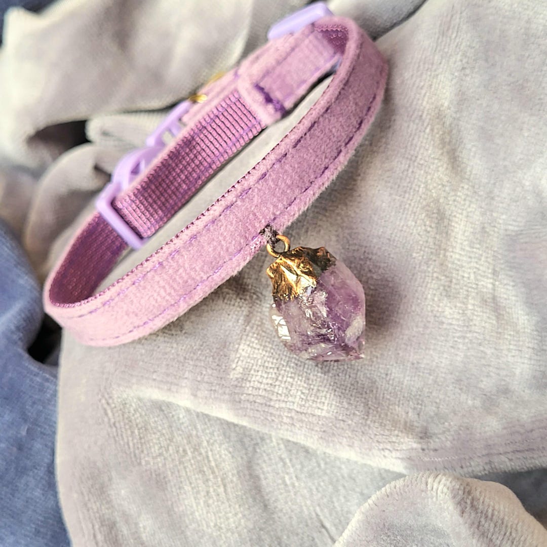 Handmade Purple Amethyst Crystal Cat Collar, Adjustable Soft Velvet Cat ...