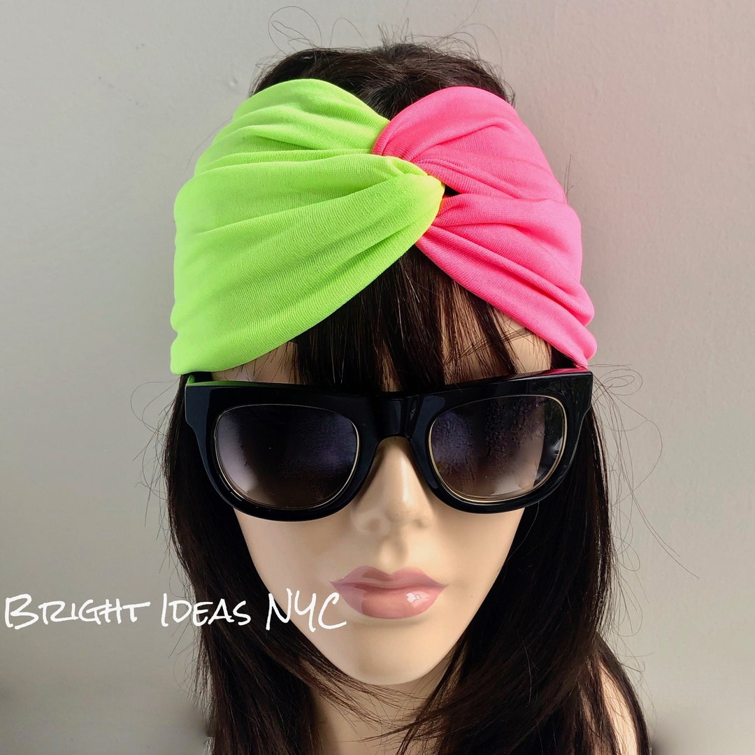 Bright Neon Two Tone Stretch Turban Headband, Electric Bright Yoga ...