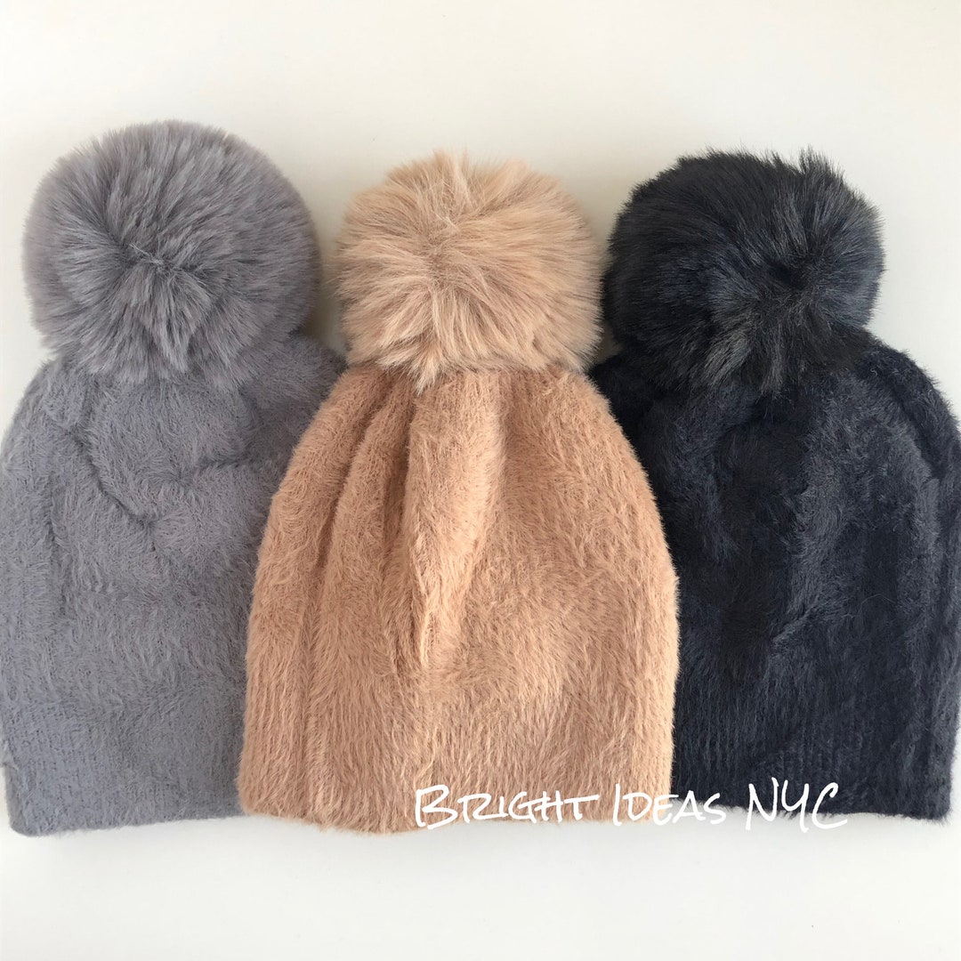 Faux Fur Fuzzy Pom Beanie, Furry Beanie, Vegan Fur Beanie, High Quality ...