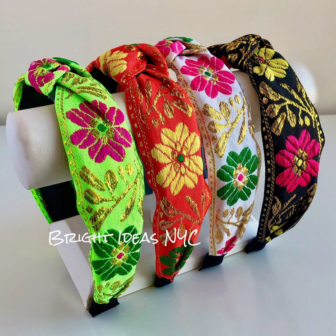 Neon Embroidered Flower Pattern Top Knot Headband, Twisted Knot ...