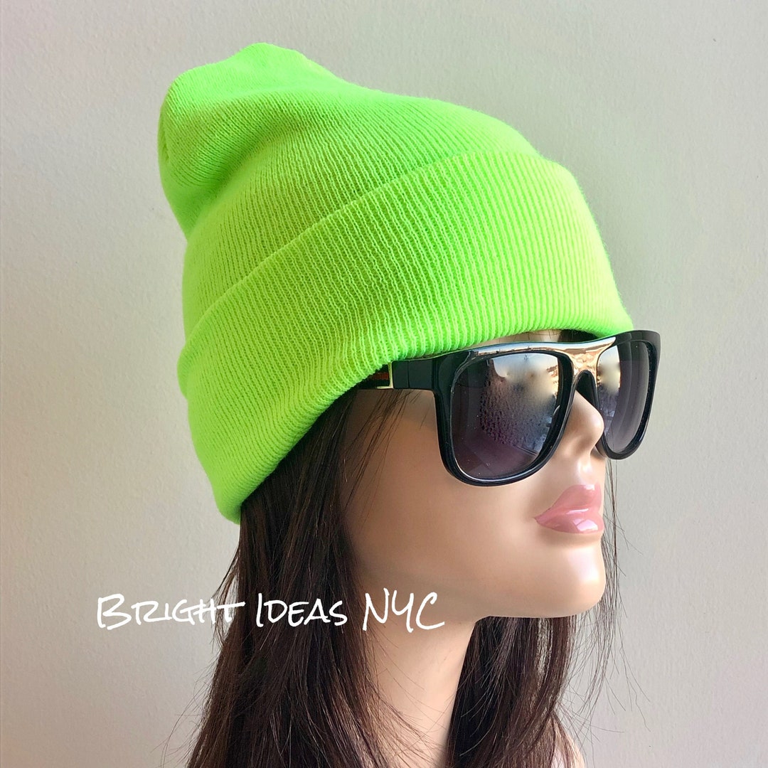Bright Neon Green Warm Soft Stretch Oversized Knitted Beanie, Warm ...