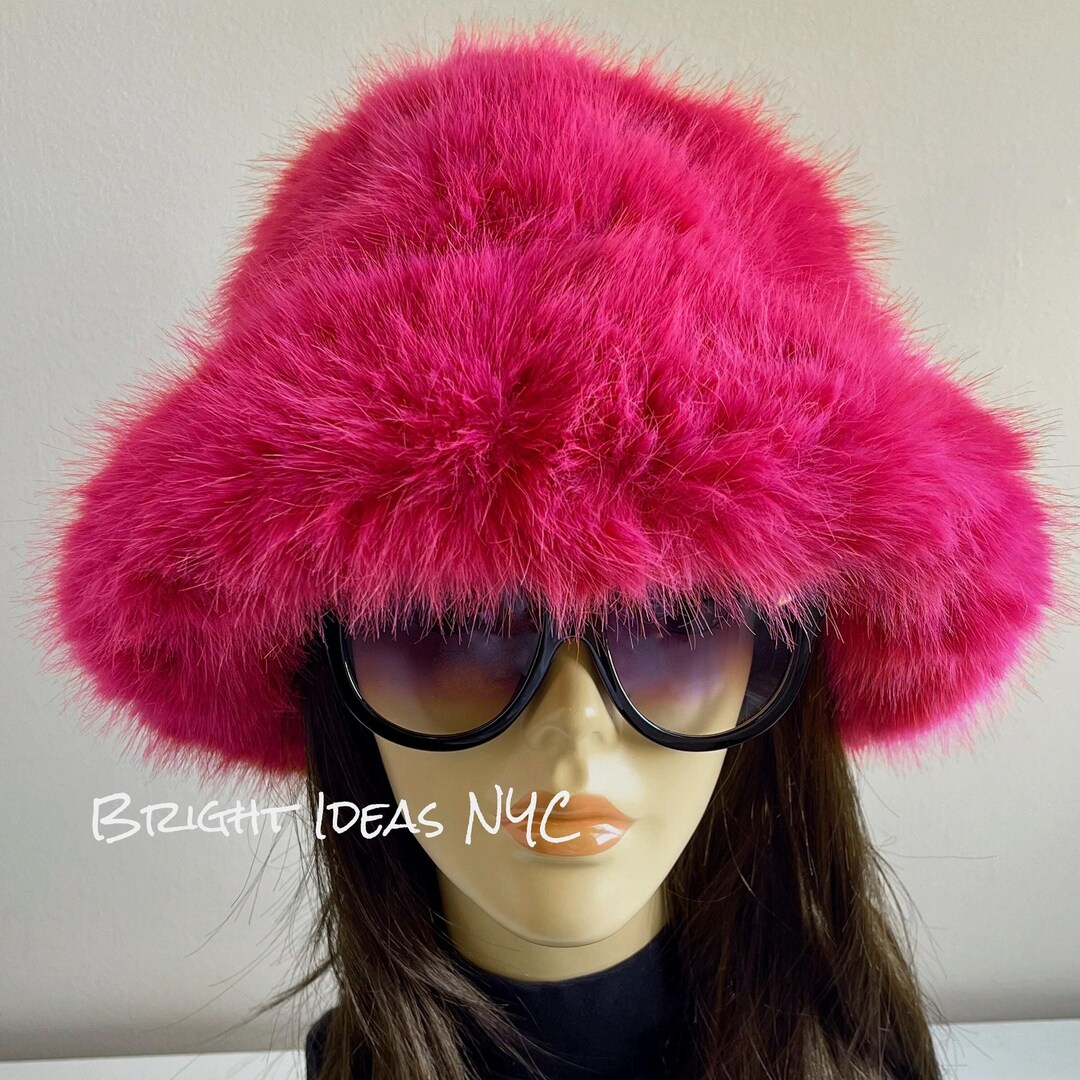 Fluffy Fuzzy Luxury Faux Fur Vegan Bucket Hat, Bright Pink Hat, Quilted ...