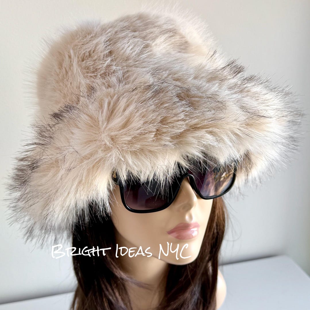Lynx Fluffy Fuzzy Luxury Faux Fur Vegan Bucket Hat, Bright Color Hat ...