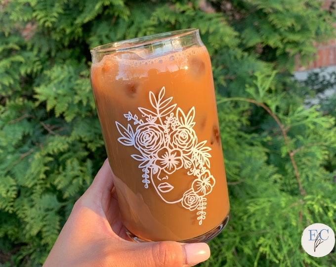 Flower Iced Coffee Beer Can Glass, Floral Women Glass, Floral Iced ...