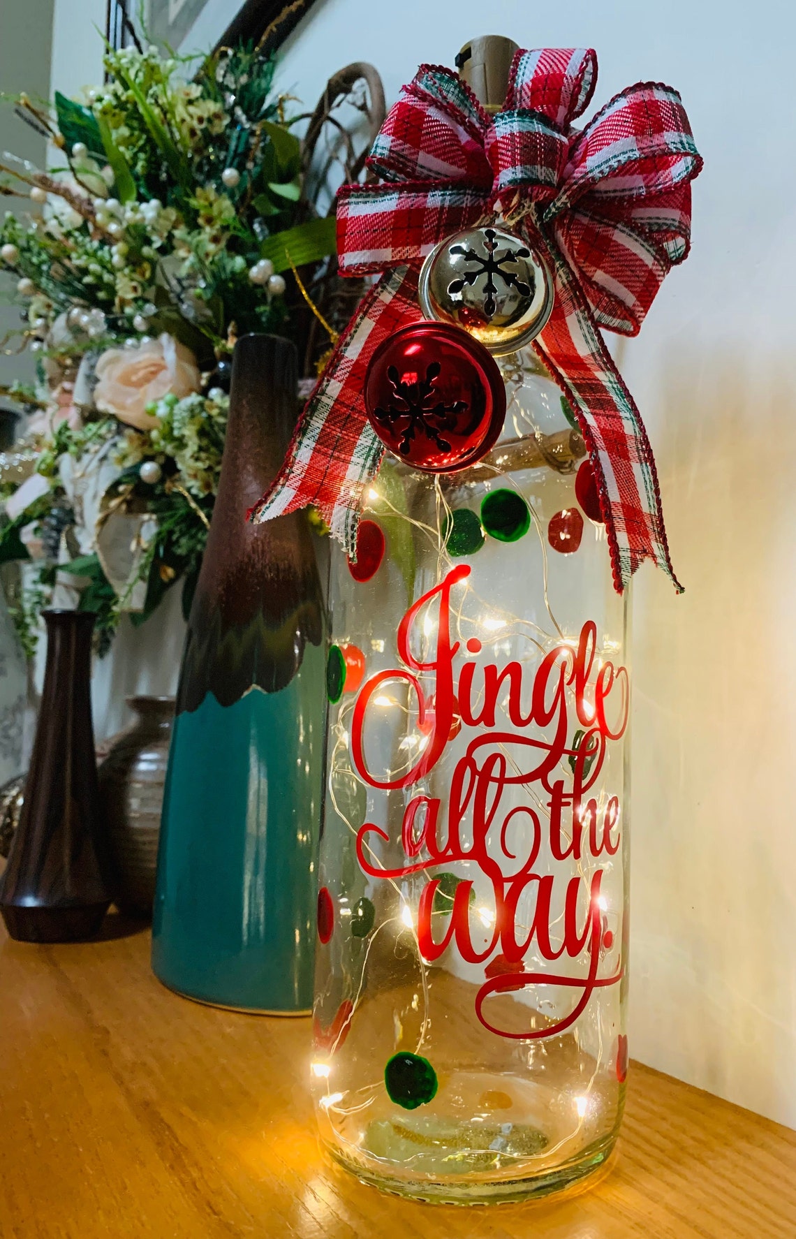 Christmas Painted Wine Bottle With Lights Hand Painted Wine - Etsy