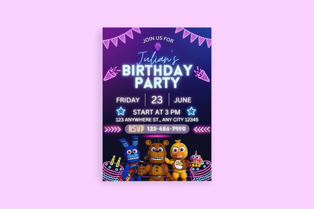 Birthday Invitation Editable Neon Purple Birthday FNAF Five Nights at ...