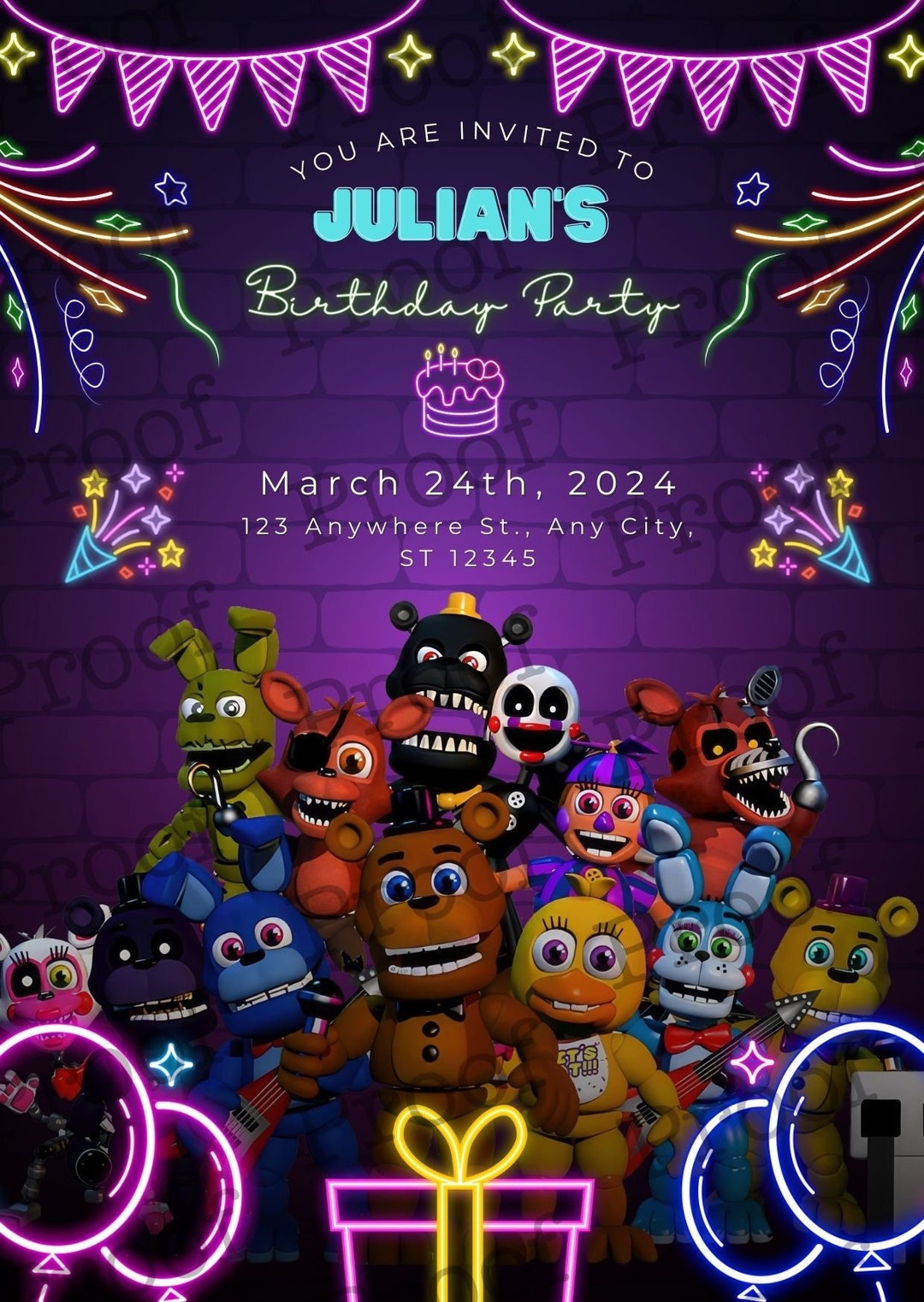 FNAF Birthday Invitation Editable Neon Birthday FNAF Five Nights at ...