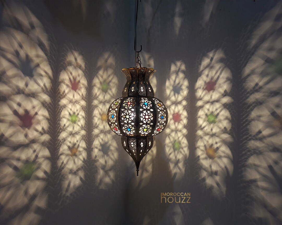 Attractive Small Colorful Moorish Copper Brass and Glass Lampshade Lamp ...