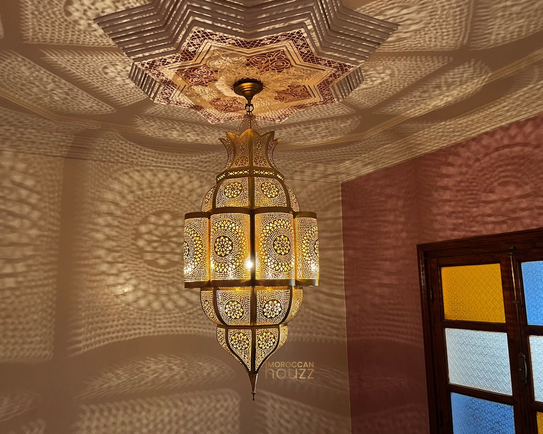 Moroccan Brass Chandelier, Handmade Hanging Lamp, Middle Eastern ...