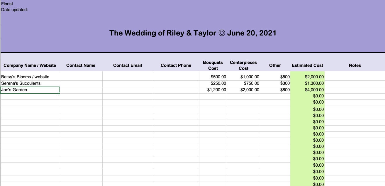 Florist Selection Spreadsheet - Etsy