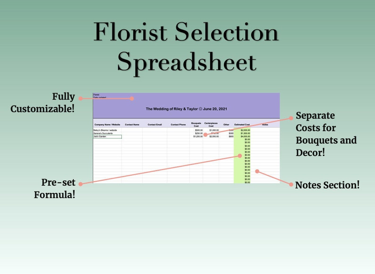 Florist Selection Spreadsheet - Etsy