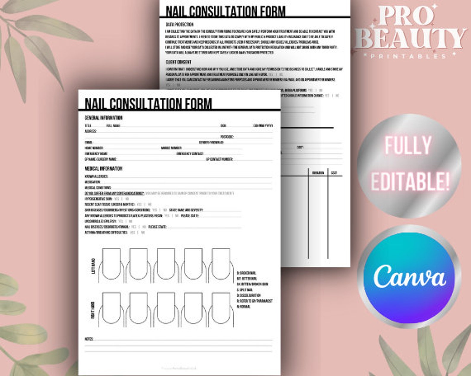 Nail Consultation Forms, Printable, Nail Services, Template, Salon ...
