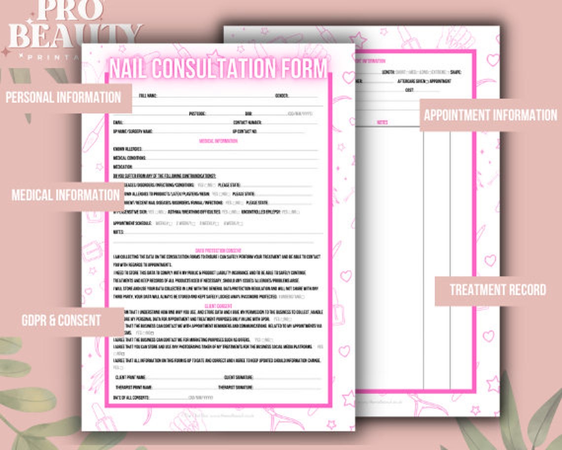 Pink Nail Consultation Form: Salon Client Forms (printable PDF) - Etsy