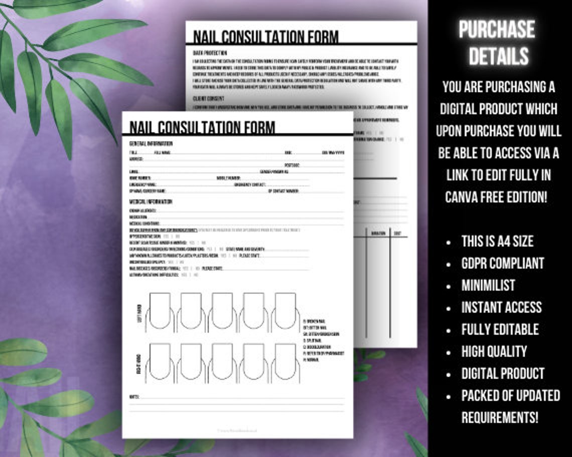 Nail Consultation Forms Printable Nail Services Template - Etsy