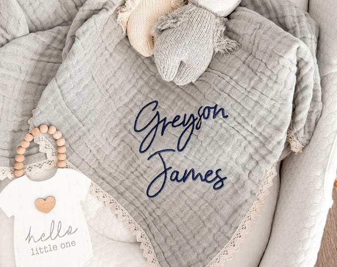 Embroidered Cotton Muslin Baby Blanket, Personalized Baby Blanket ...