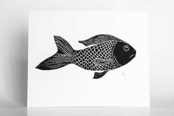 Original Linocut Fish Print - Etsy