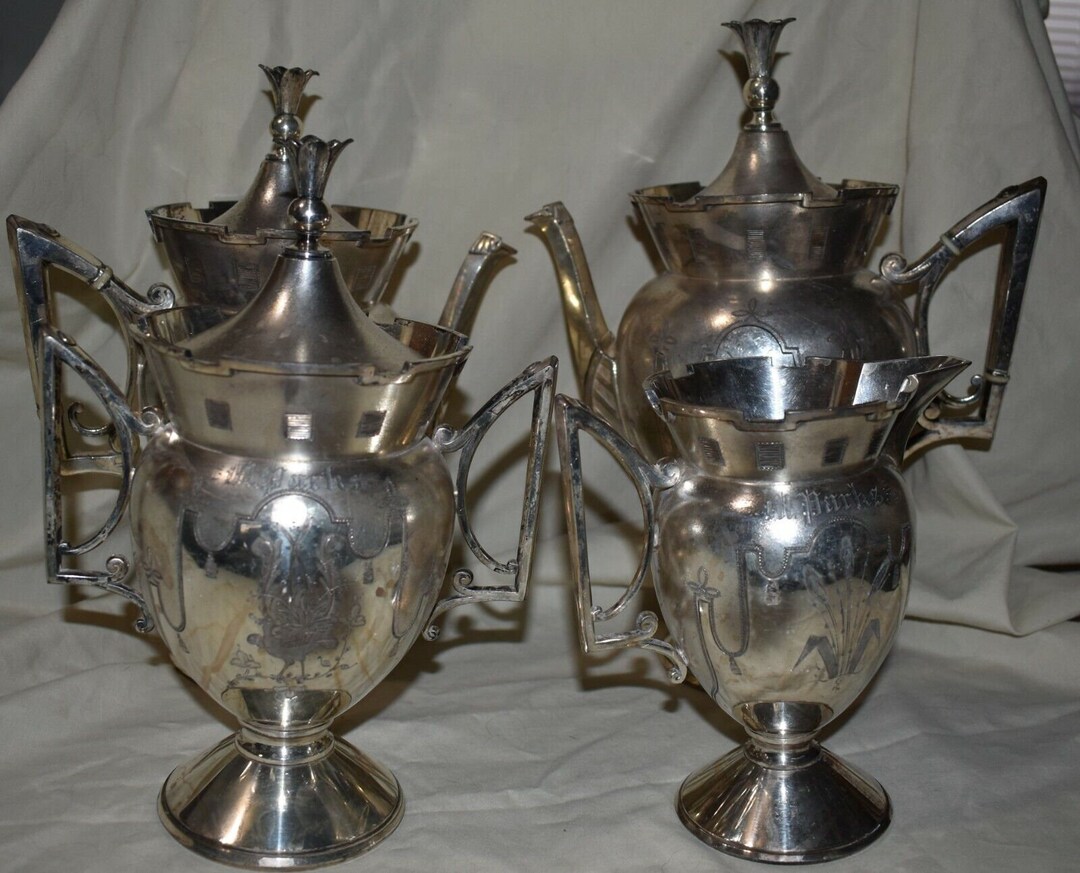 Antique Victorian Gothic Era Large Silver Tea / Coffee Set Rogers Smith ...