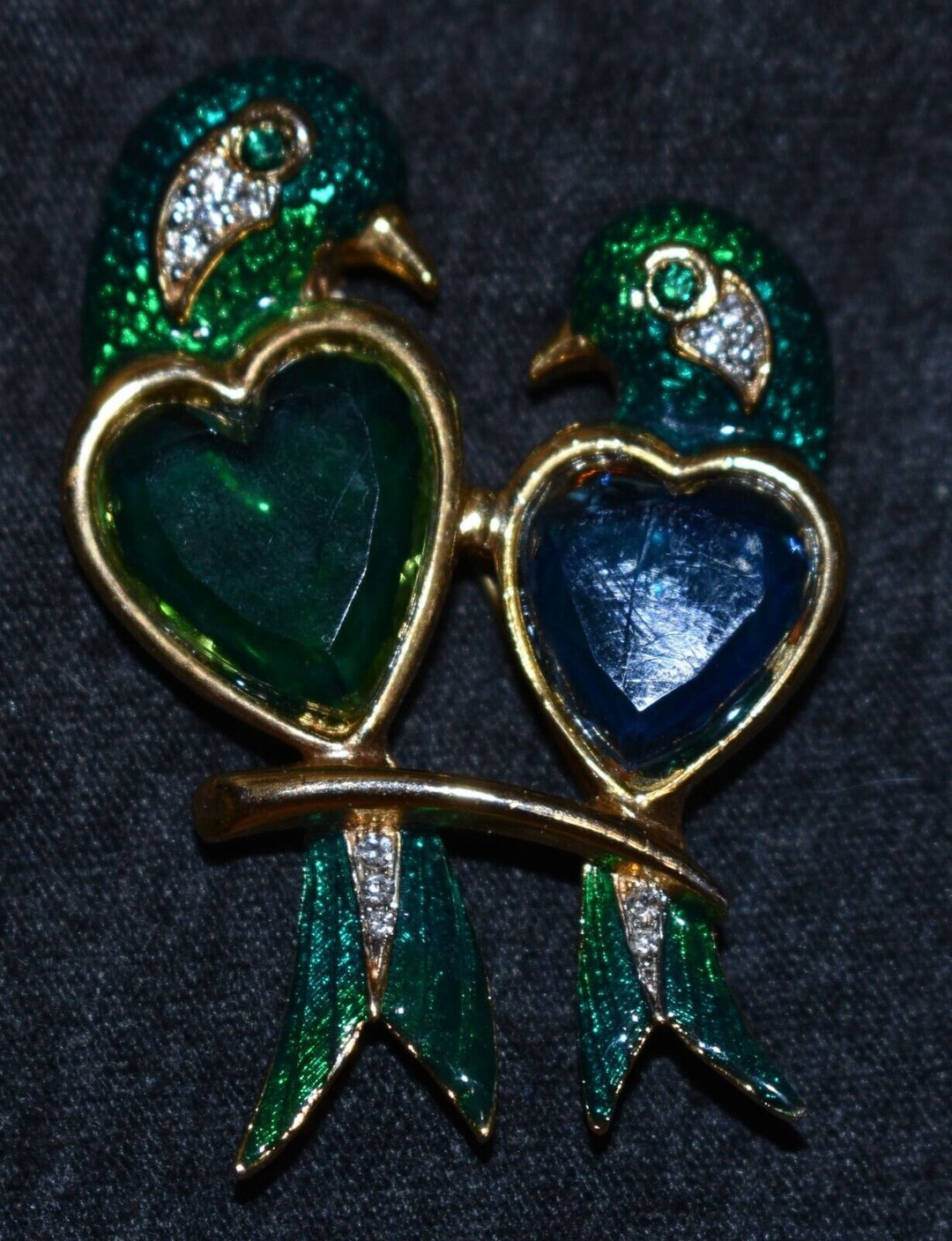 RARE Vintage GEM-CRAFT Gold-tone Birds Brooch With Blue and Green ...
