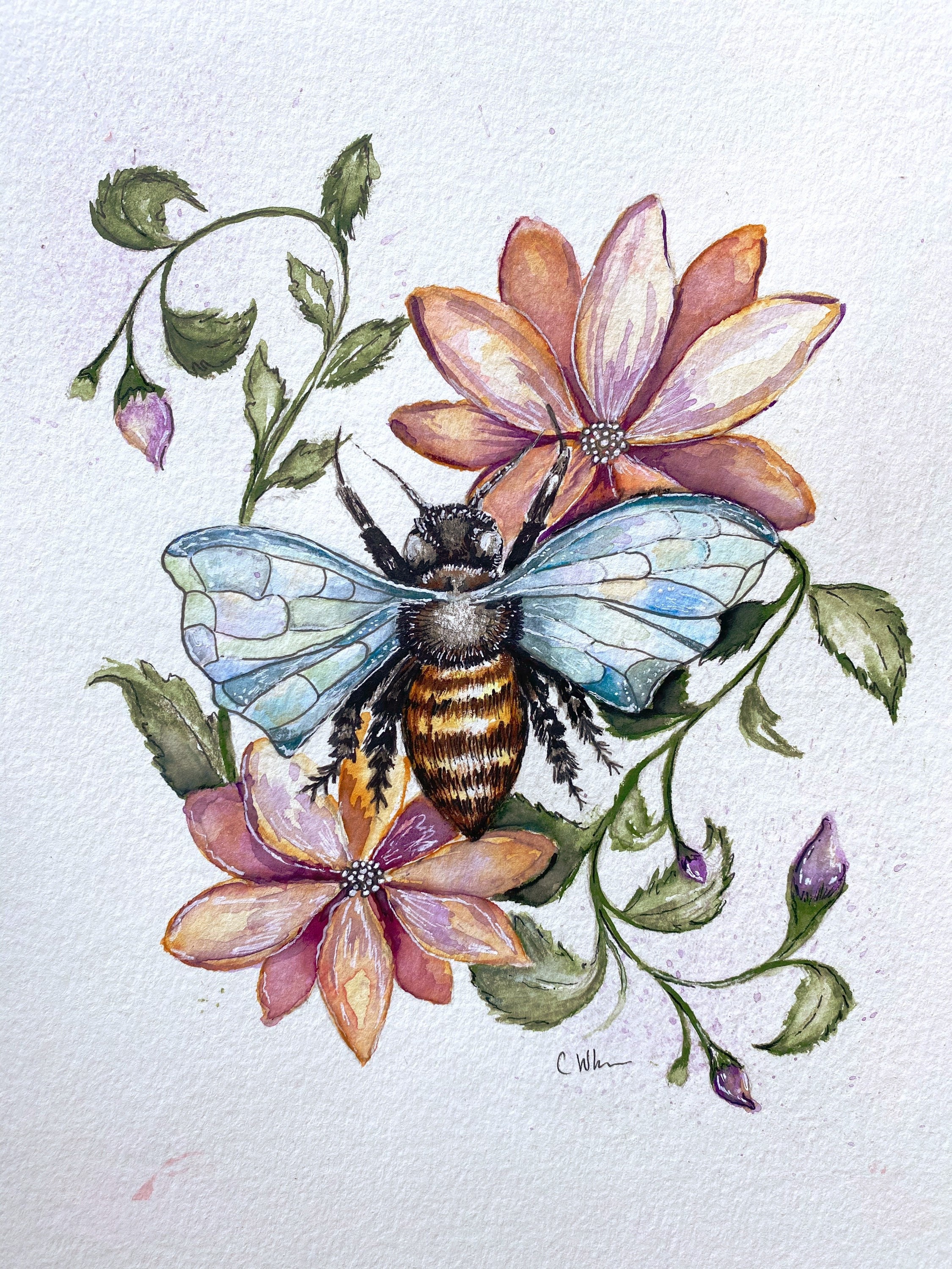 Bee and Flowers Original 12 X 9 Watercolor Painting by Corinne Whitney ...