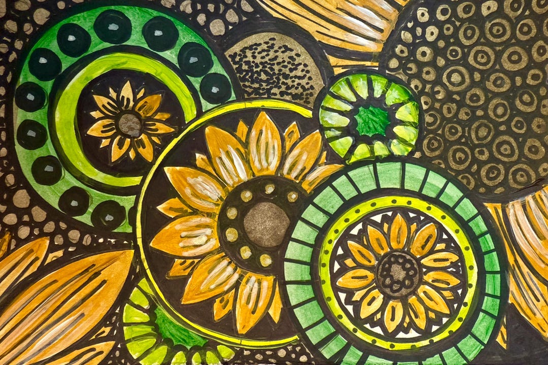 Colorful Mandela With Sunflower Patterns Drawing by Artist Amy Jane ...