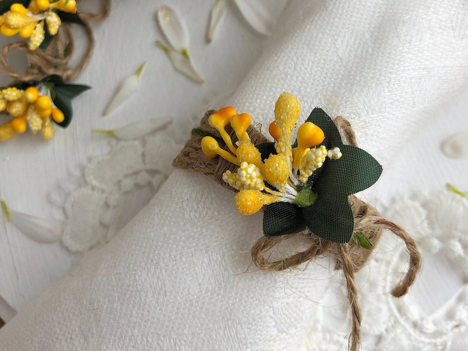 Yellow Rustic Jute Napkin Rings With Colorful Floral Decorations, Twine ...
