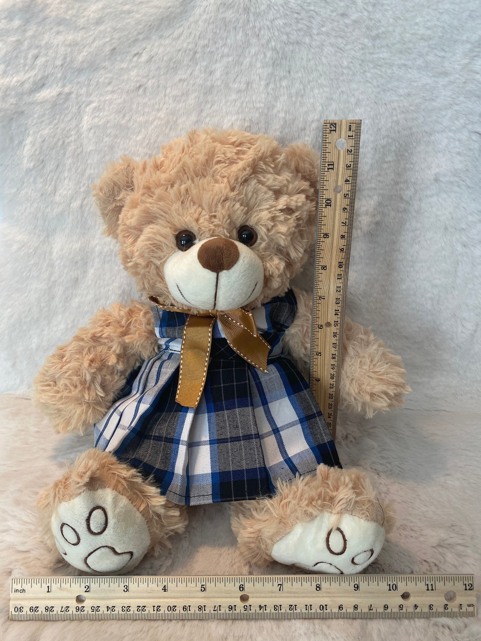 12 Inch Tan Plush Teddy Bear/ Navy Gray White Plaid Fabric - Etsy
