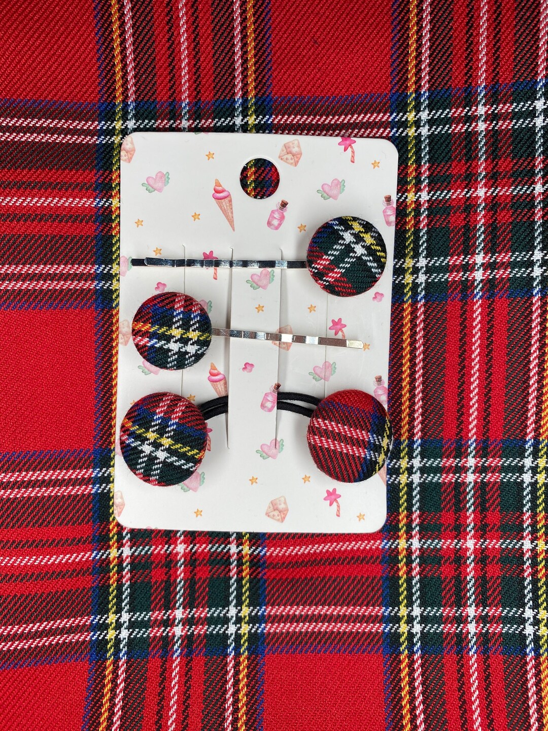 Royal Stewart Tartan-round Button Hair Bobby Pin/double Button Hair Tie/3pc Set/hair Accessories ...