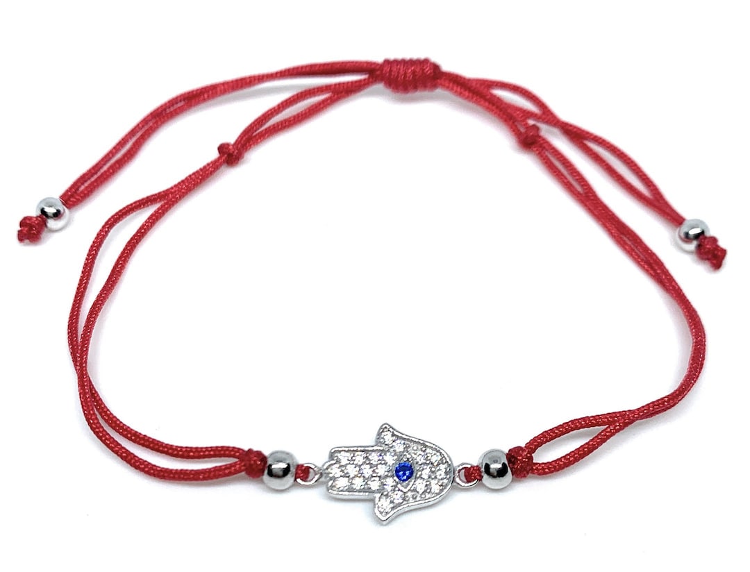 Sterling Silver Hamsa Bracelet: Red String Amulet, Adjustable - Etsy