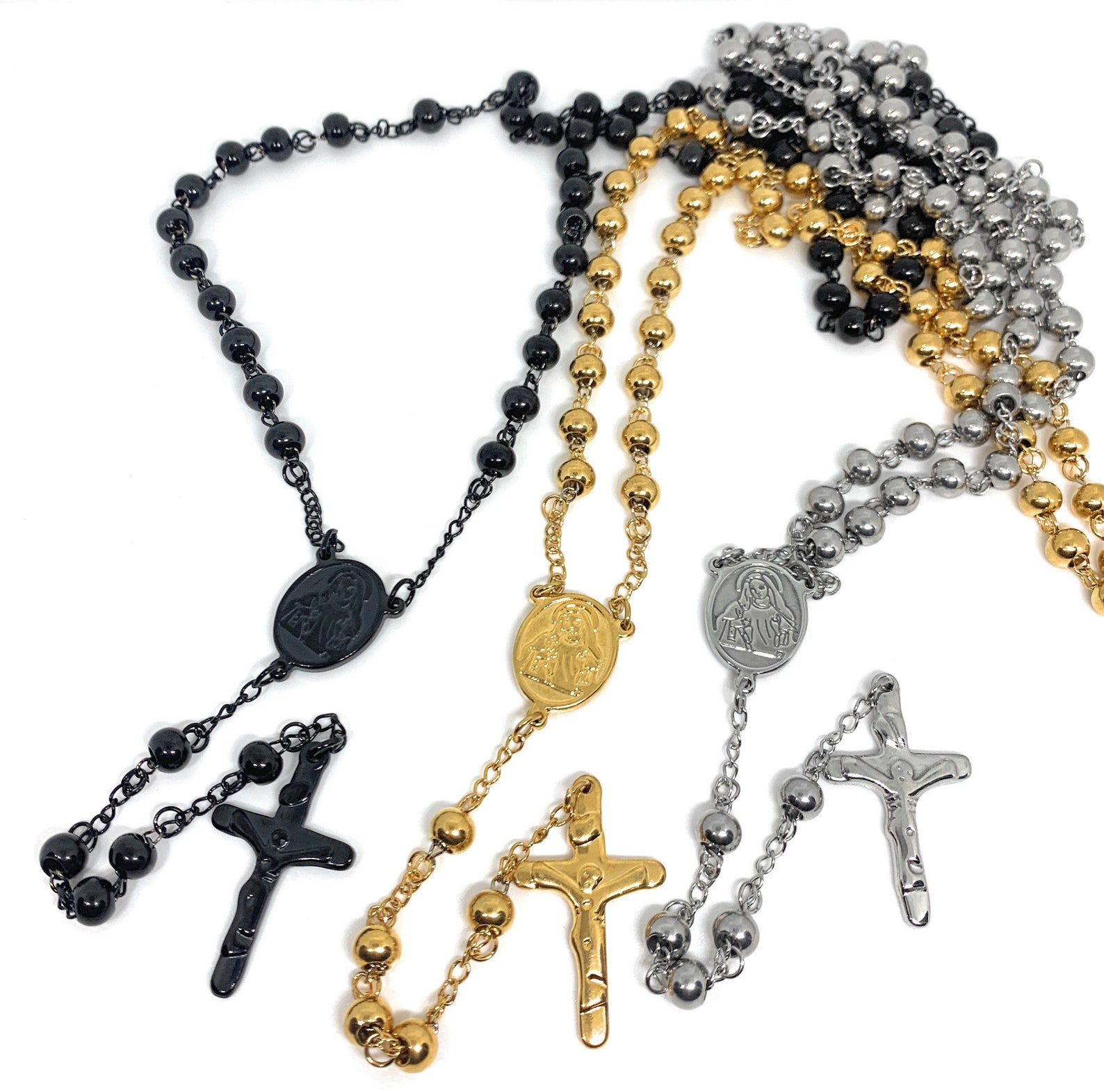 Stainless Steel Rosary Necklace: 8mm Black Bead Cross Chain - Etsy