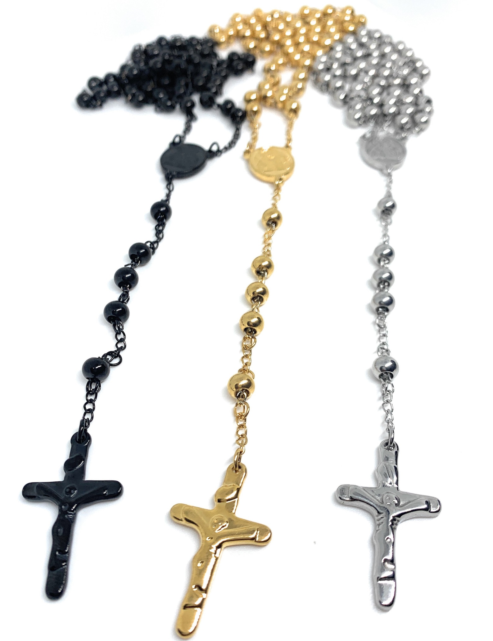 Stainless Steel Rosary Necklace: 8mm Black Bead Cross Chain - Etsy