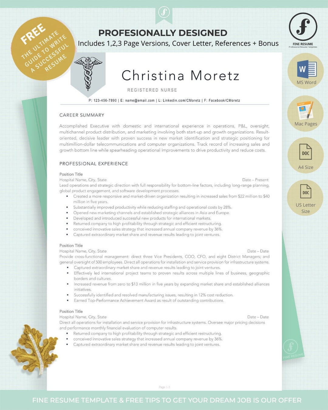 Nursing Resume Template for Word & Pages Nurse Resume Doctor - Etsy