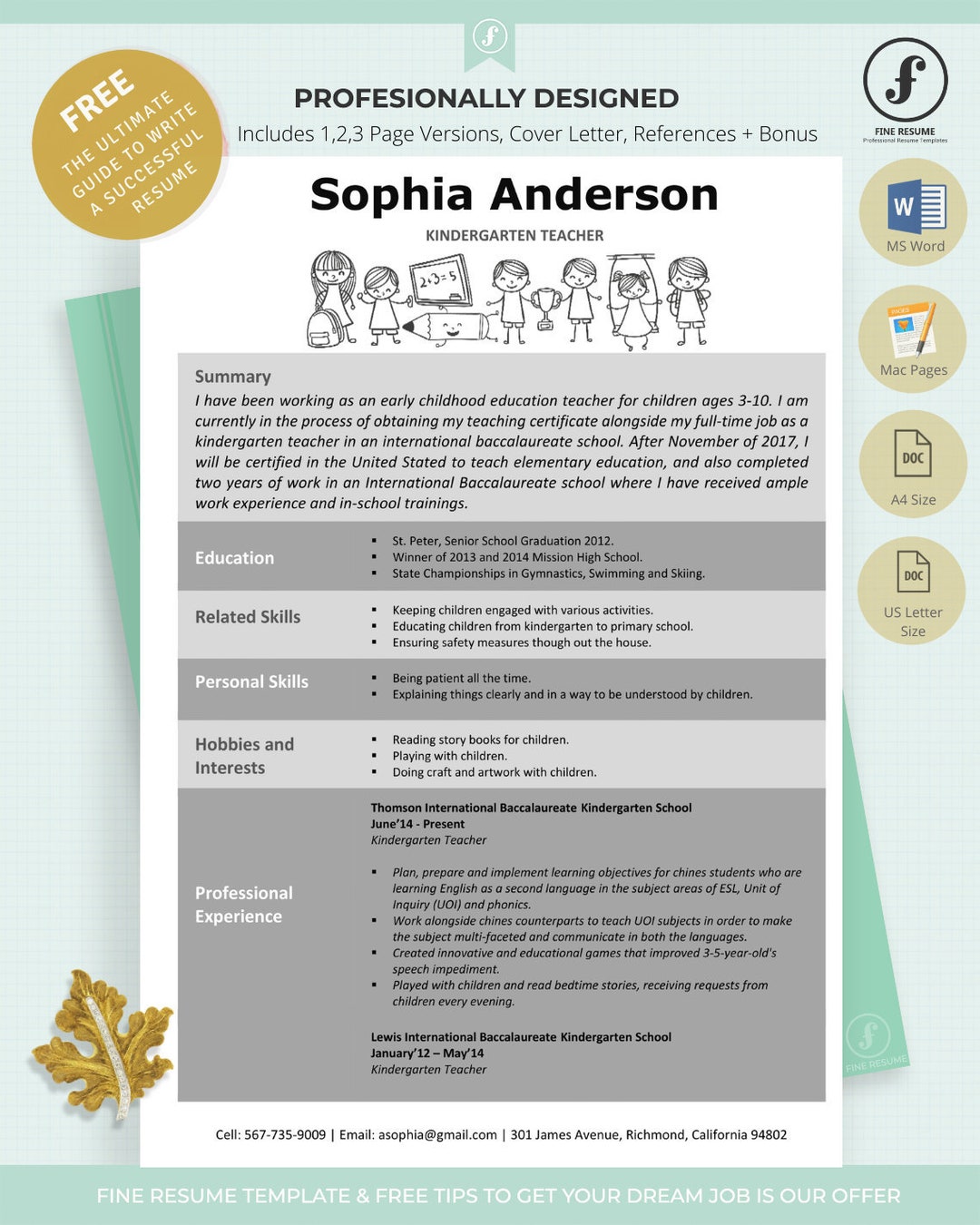 Teacher Resume Template With Matching Cover Letter and - Etsy