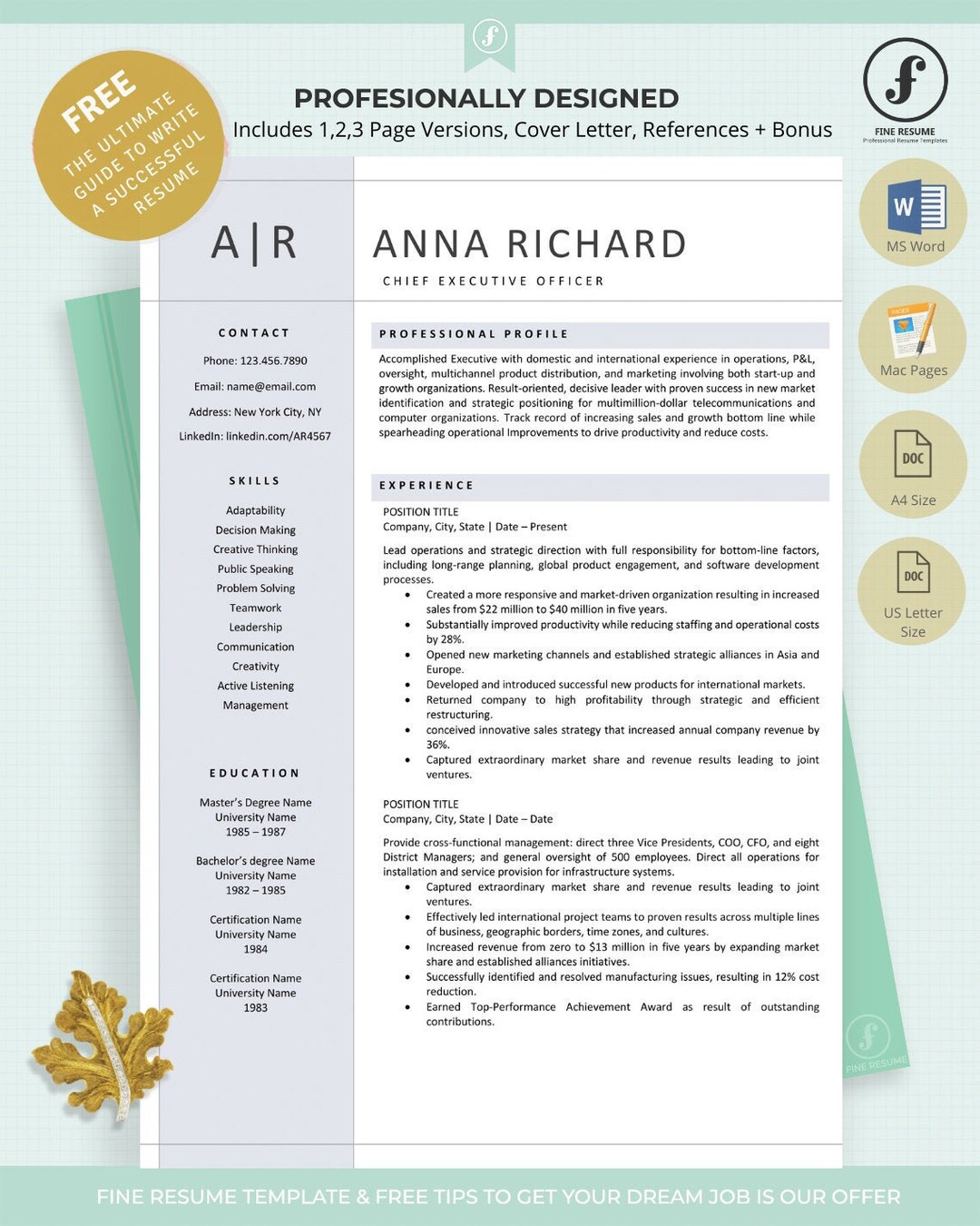 Resume and Cover Letter Template Both Are in Matching Template - Etsy