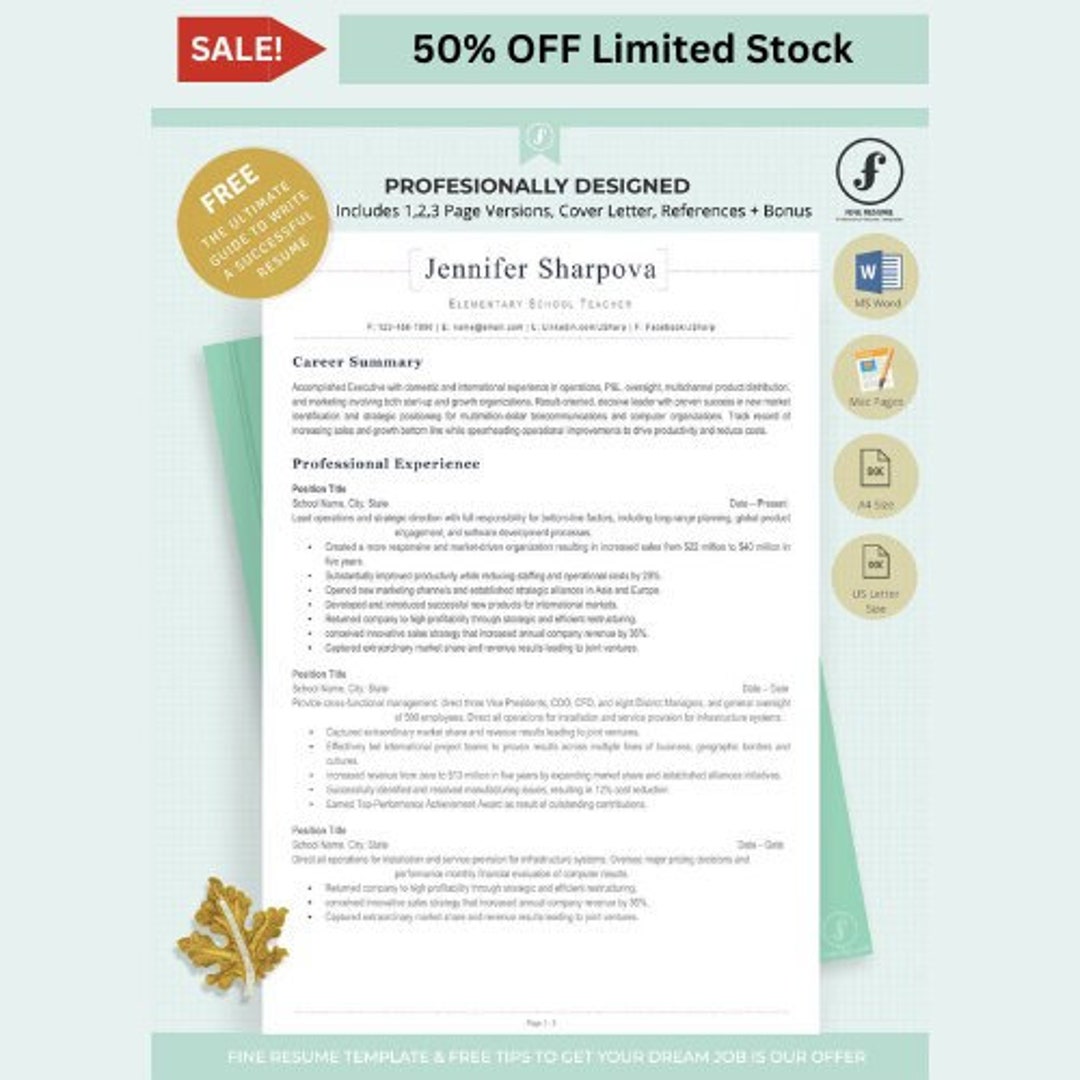 Teacher Resume Template for Word & Pages | Teacher CV Template ...