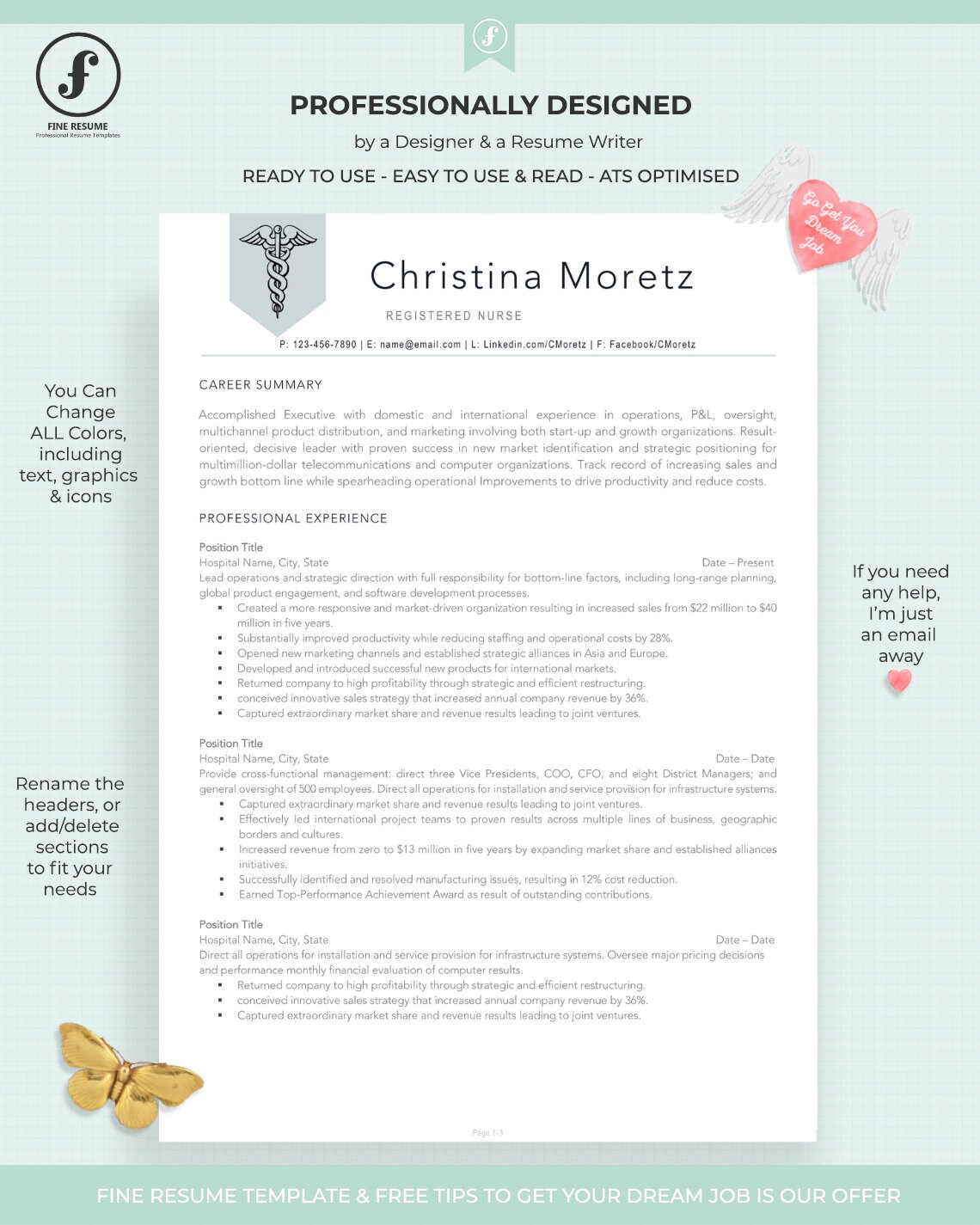 Nursing Resume Template for Word & Pages, Nurse Resume, Doctor Resume ...