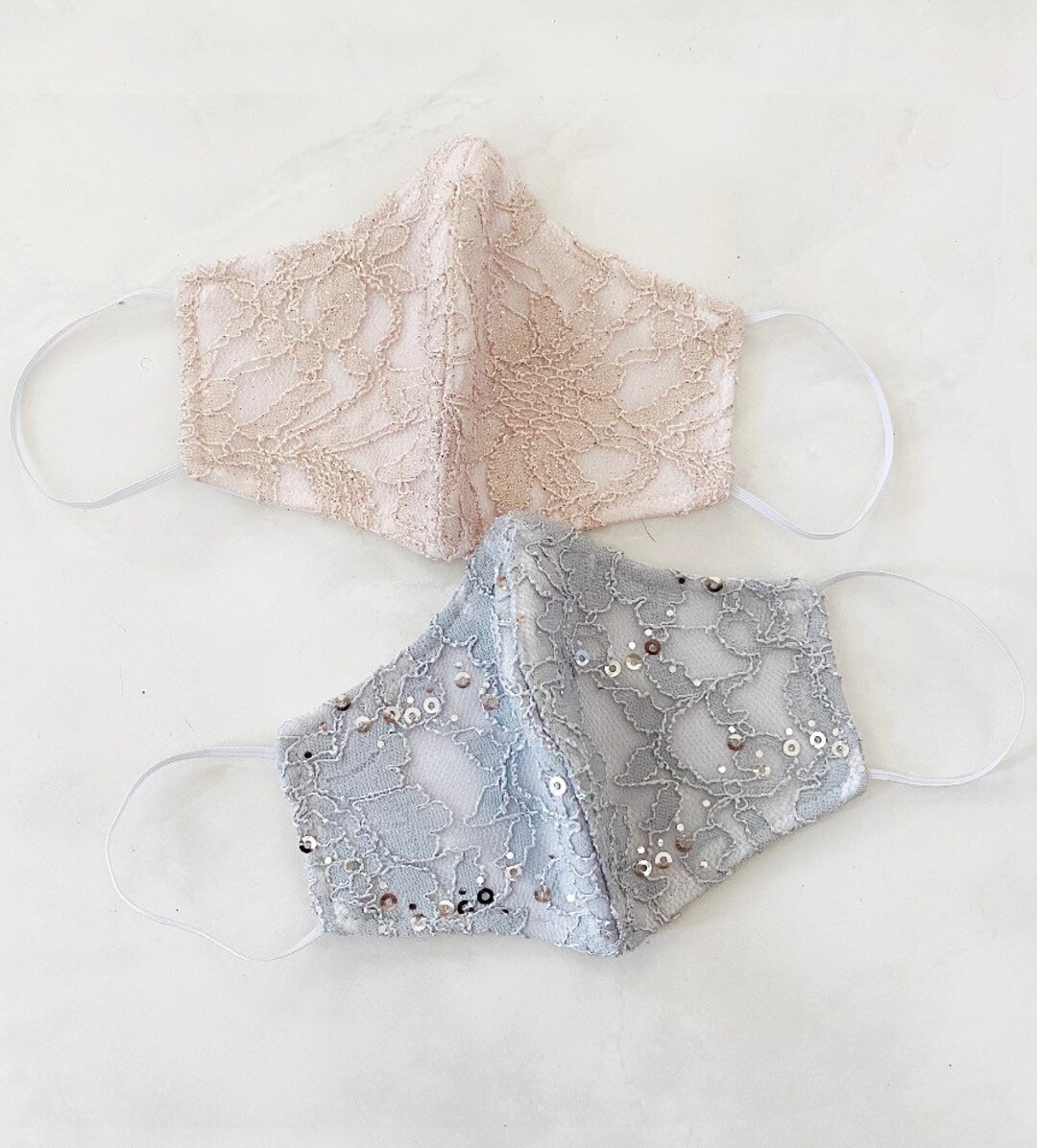 Blush Pink and Blue/grey Sparkling Lace Face Mask, Reusable, Washable ...