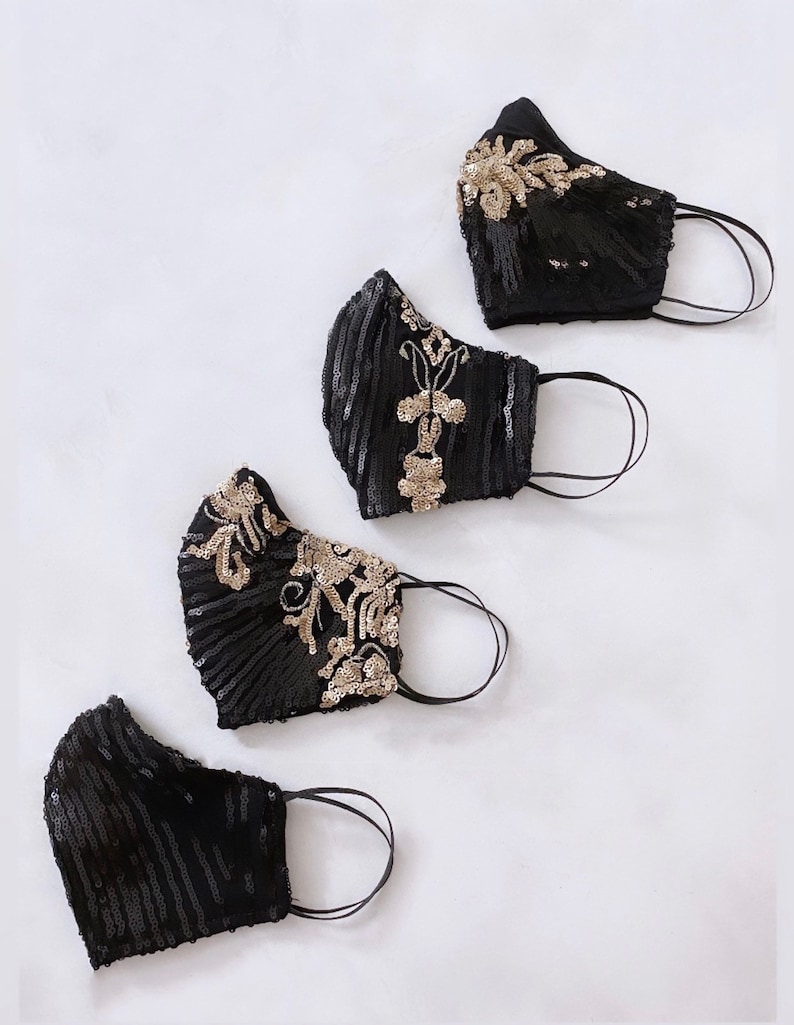 NYE Black and Gold Sequin Bling Face Mask - Reusable, Washable ...