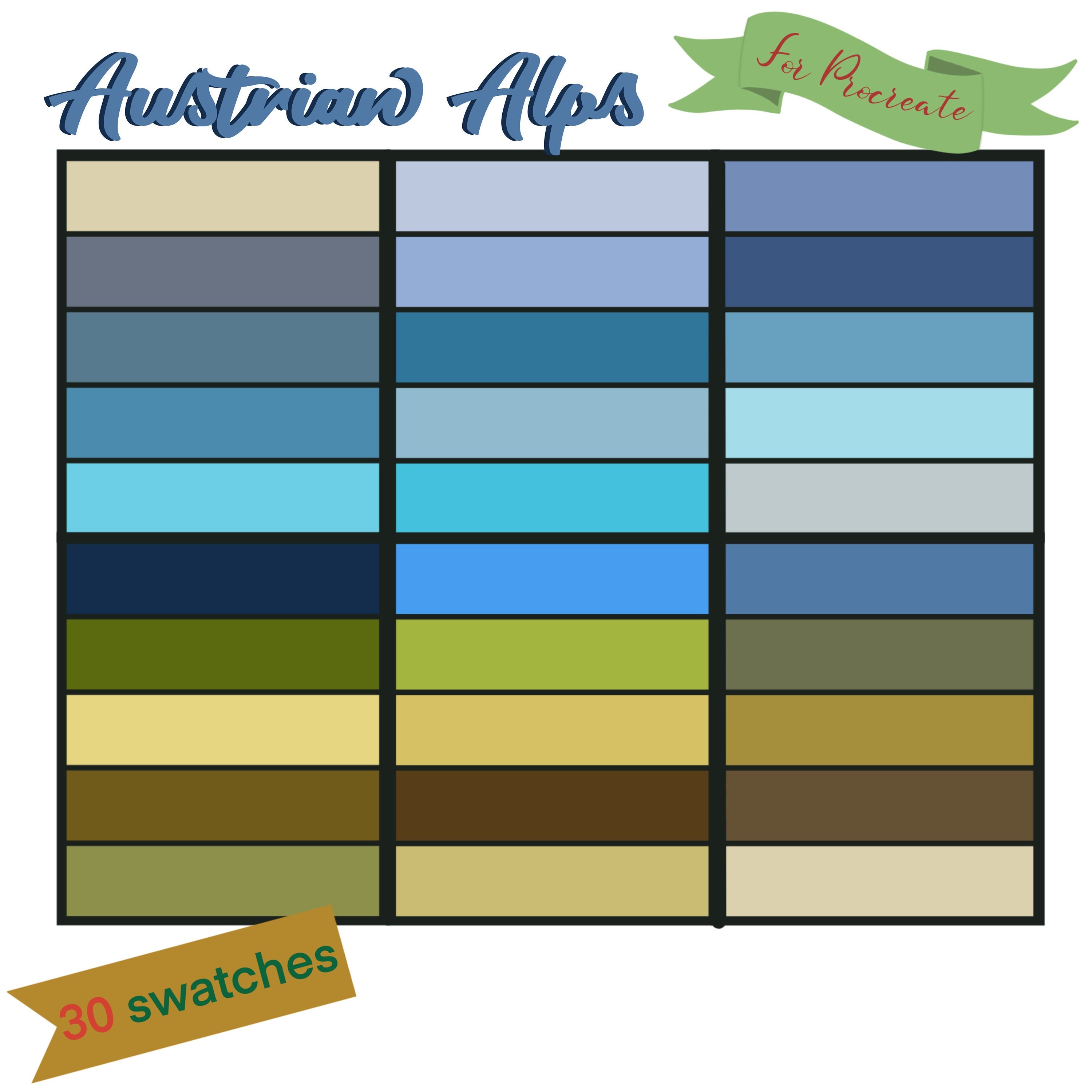 Color Palette for Procreate, Alps, Mountain Scene, 30 Swatches, Digital ...