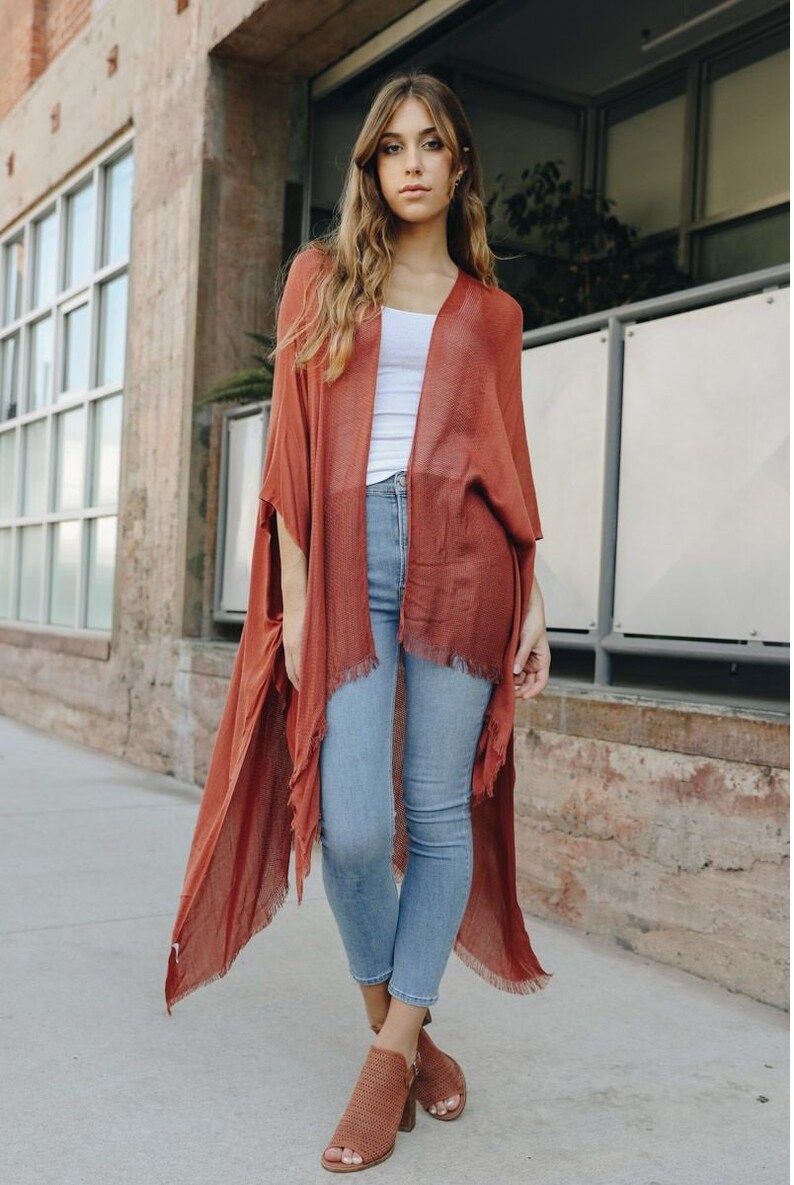 Rust Orange Soft Kimono Duster With Baby Fringes - Etsy