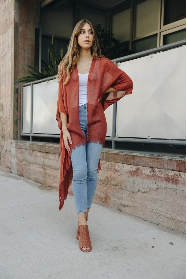 Rust Orange Soft Kimono Duster With Baby Fringes - Etsy
