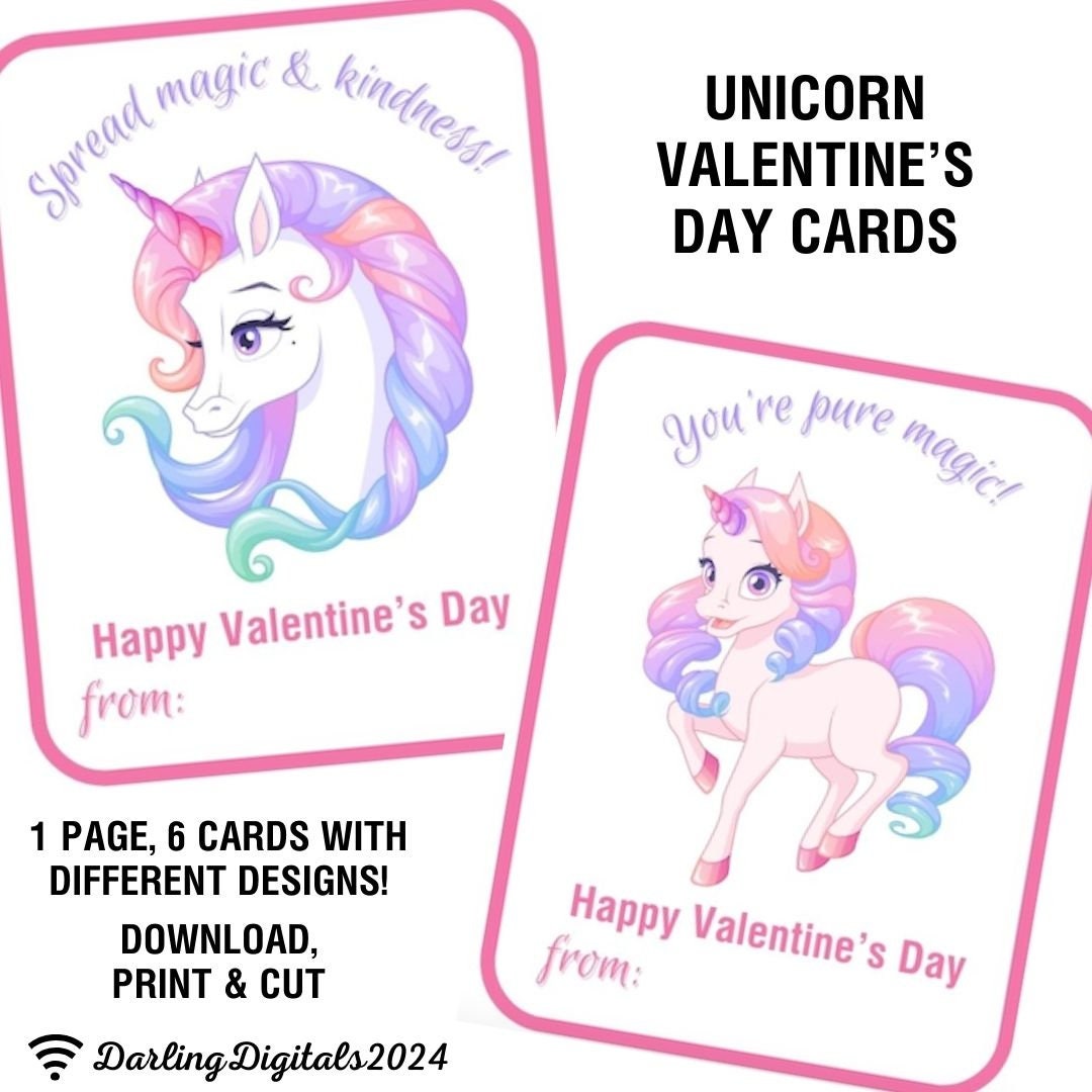 Unicorn Valentine's Day Cards for Kids Printable Unicorn Cards for ...